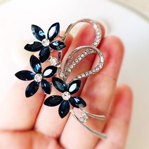 Sapphire Statement Bouquet Brooch, Dark Blue Fancy Crystal Wedding Bouquet Brooch, Gift for Her ...