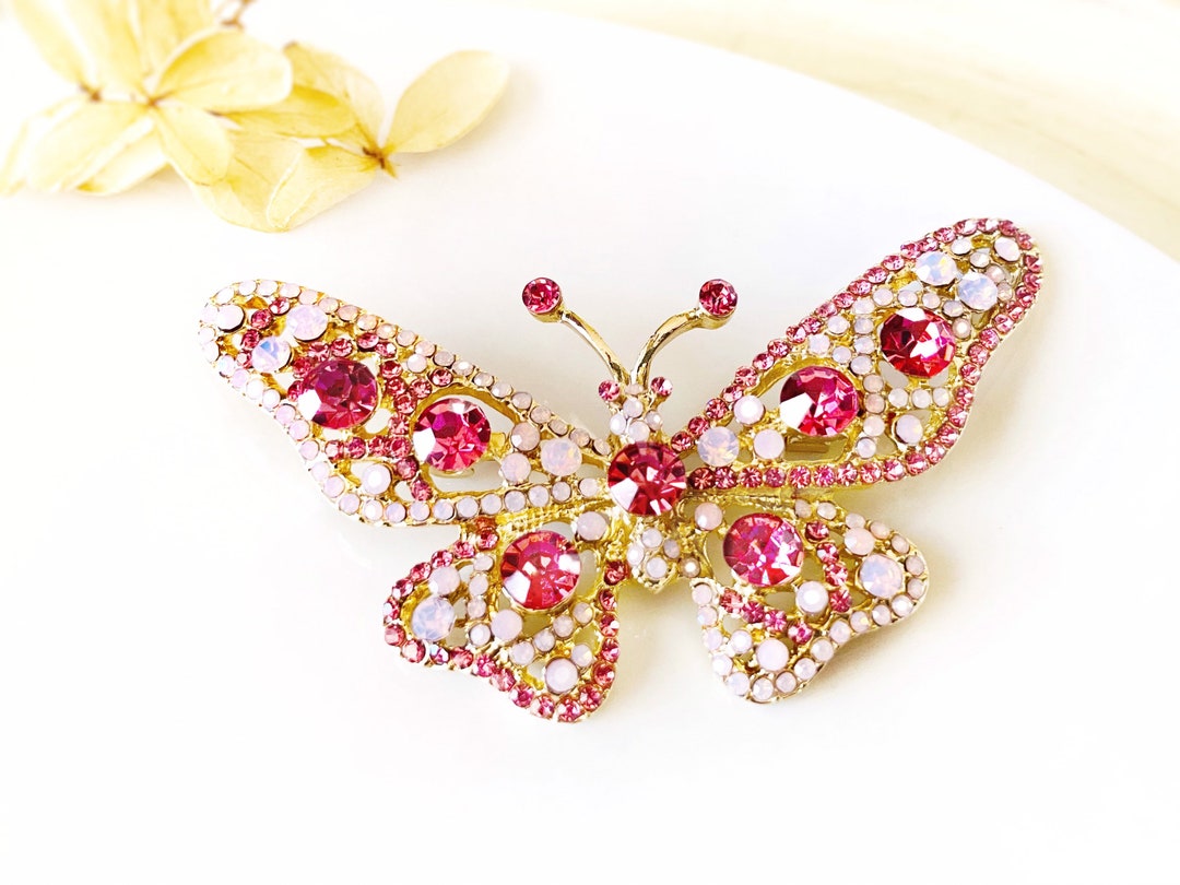 Large Pink Crystal Butterfly Brooch Gold, Pink White Crystal Statement ...