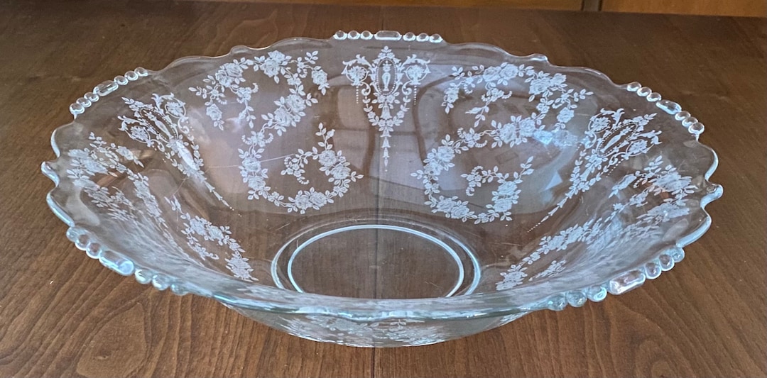 Cherokee Rose Tiffin Glass Company Large Etched Glass Bowl 12.5 ...