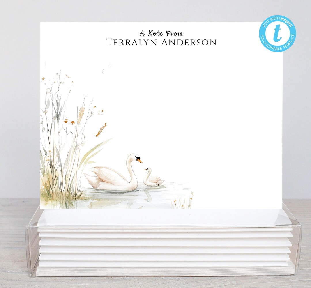 White Swan Personalized Printable Editable Flat Single Sided Note Card ...