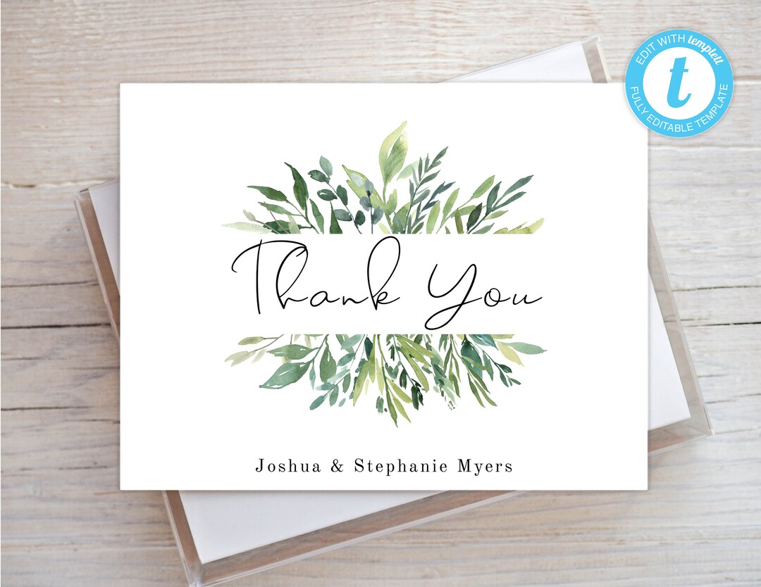 Personalized Printable Editable Thank You Flat Single Sided Note Card ...