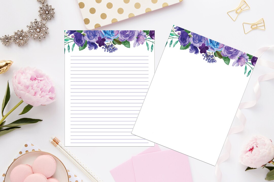 Purple Watercolor Roses Printable Stationery With Envelope - Etsy