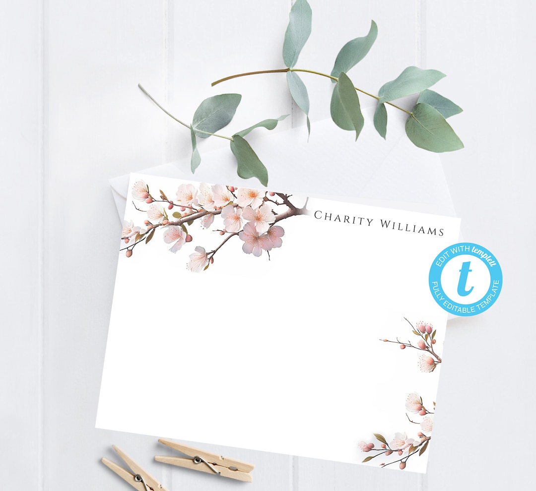 Cherry Blossom Personalized Printable Editable Flat Single Sided Note ...