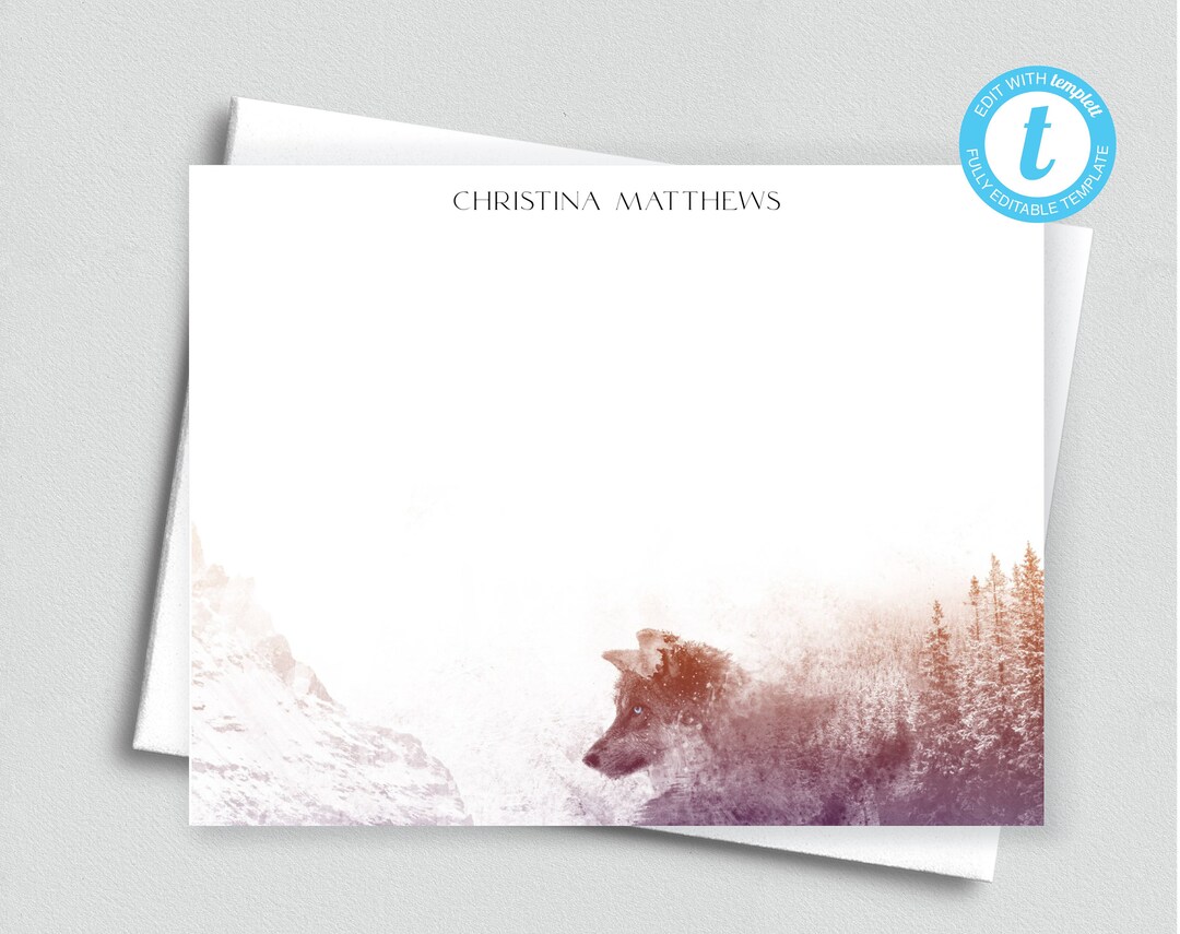 Winter Wolf Personalized Printable Flat Single Sided Note Card/5.5x4.25 ...