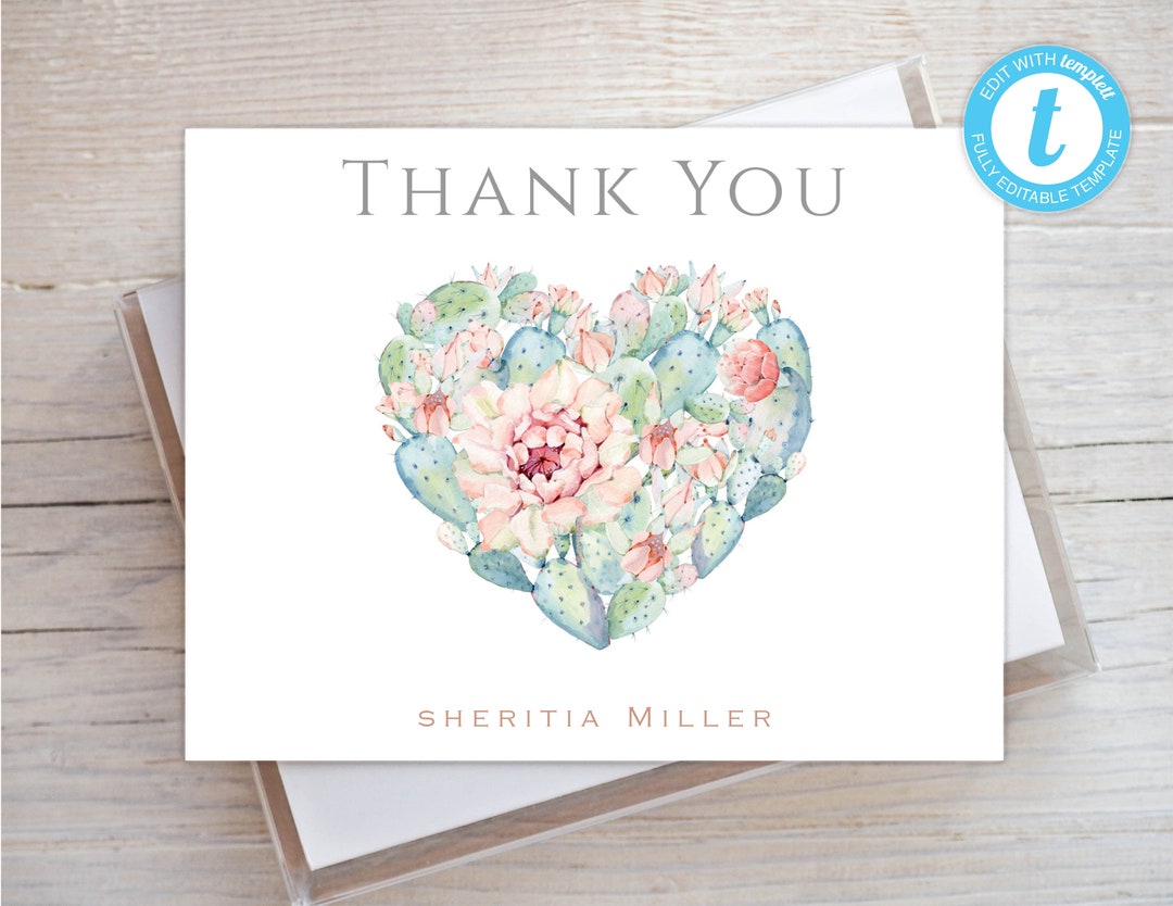 Personalized Printable Editable Thank You Flat Single Sided Note Card ...
