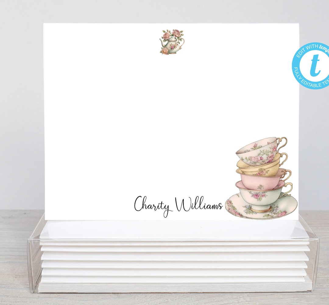 Stack of Teacups Personalized Printable Editable Flat Single Sided Note ...