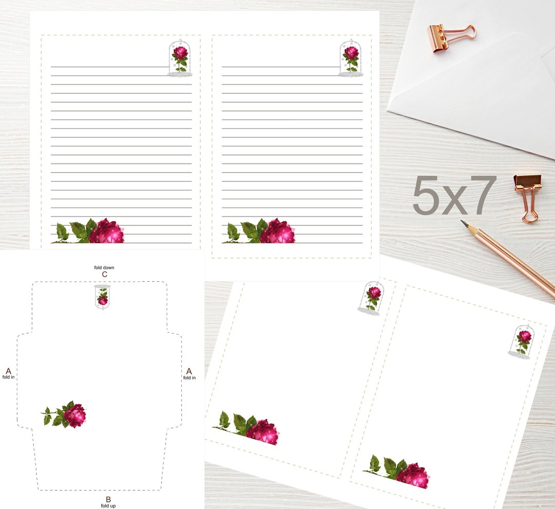 5x7 Magical Rose Printable Writing Paper & Envelope Stationery Set 1588 ...