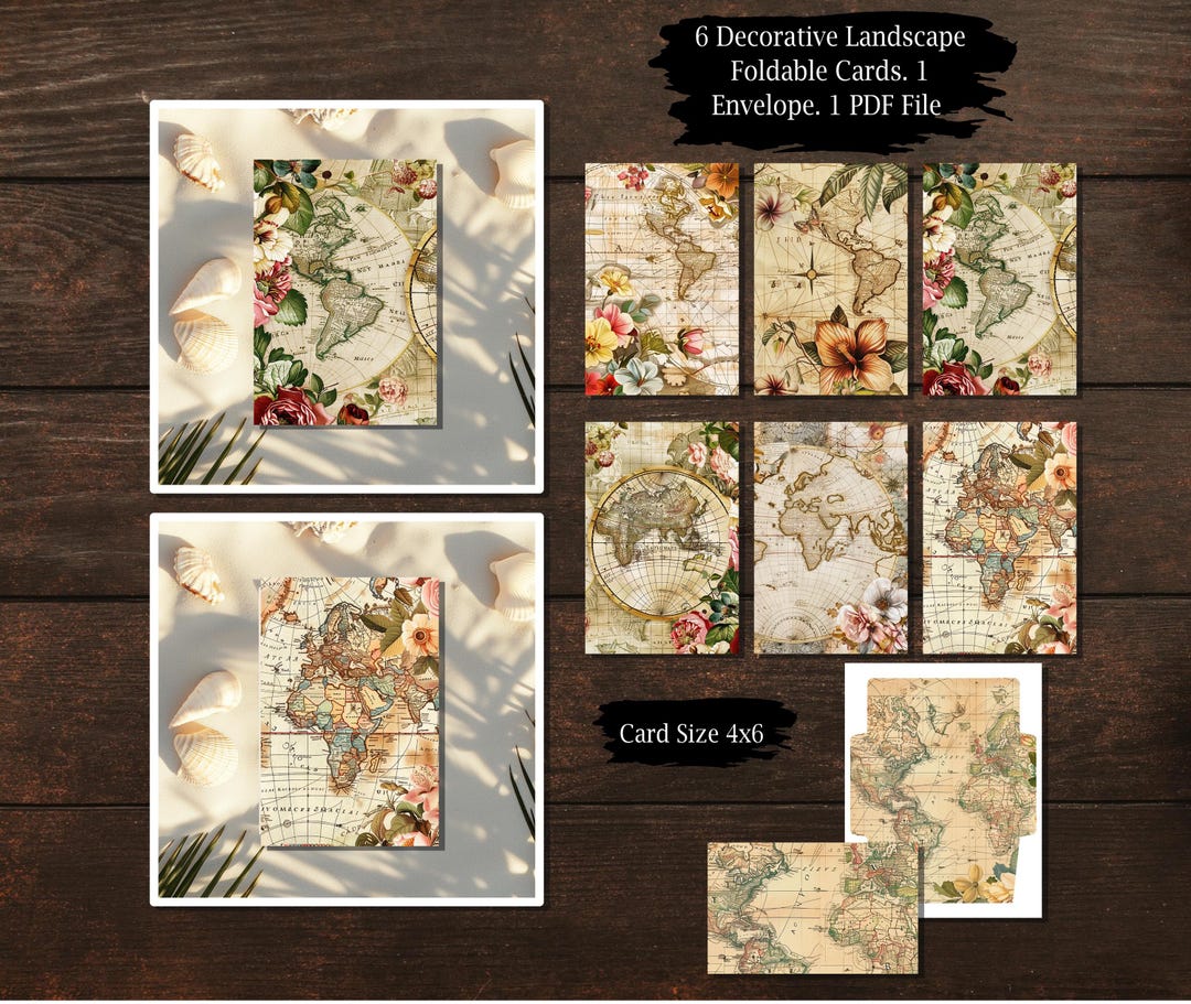 Six 4x6 Floral Vintage Maps Printable Foldable Cards & Envelope/instant ...