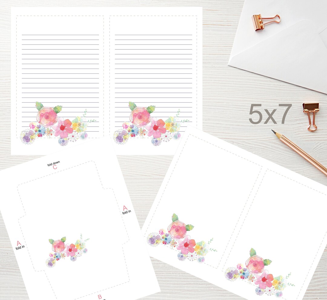 5x7 Pink Flowers Printable Writing Paper & Envelope Stationery Set 1547 ...