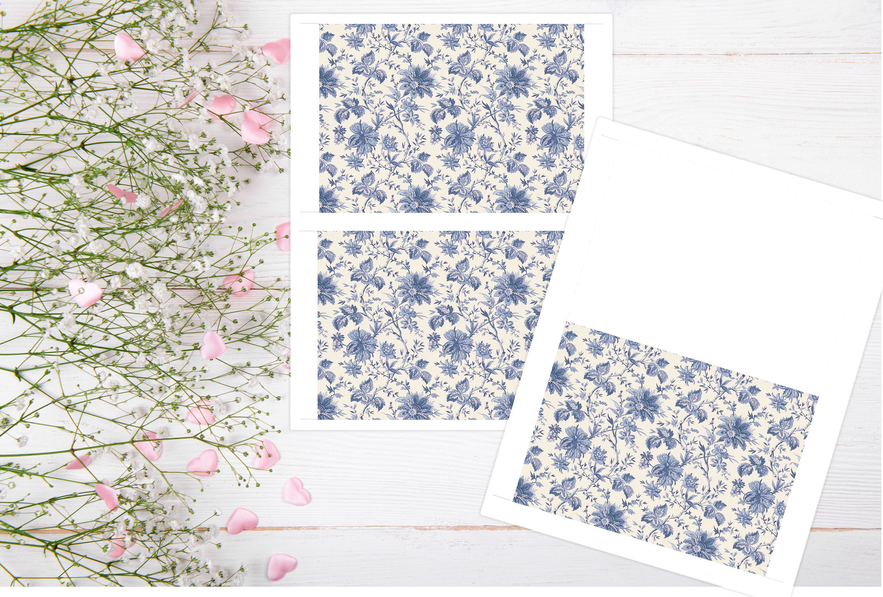 5x7 Blue Toile Printable Flat Note Card & Tent Card With Envelope 1316 ...