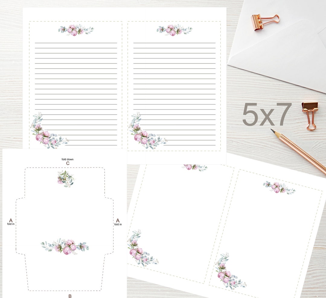 5x7 Vintage Rose Buds Printable Writing Paper & Envelope Stationery Set ...