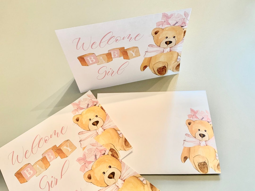 5x7 Welcome Baby Girl Printable Flat Note Cards & Tent Card With ...