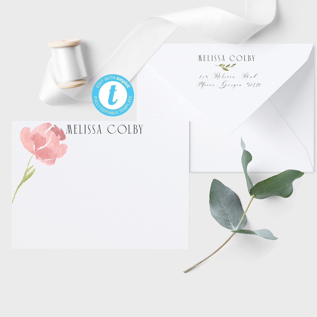 Printable Editable Flat Single Sided Note Card 5.5x4.25 With Envelope 4 ...