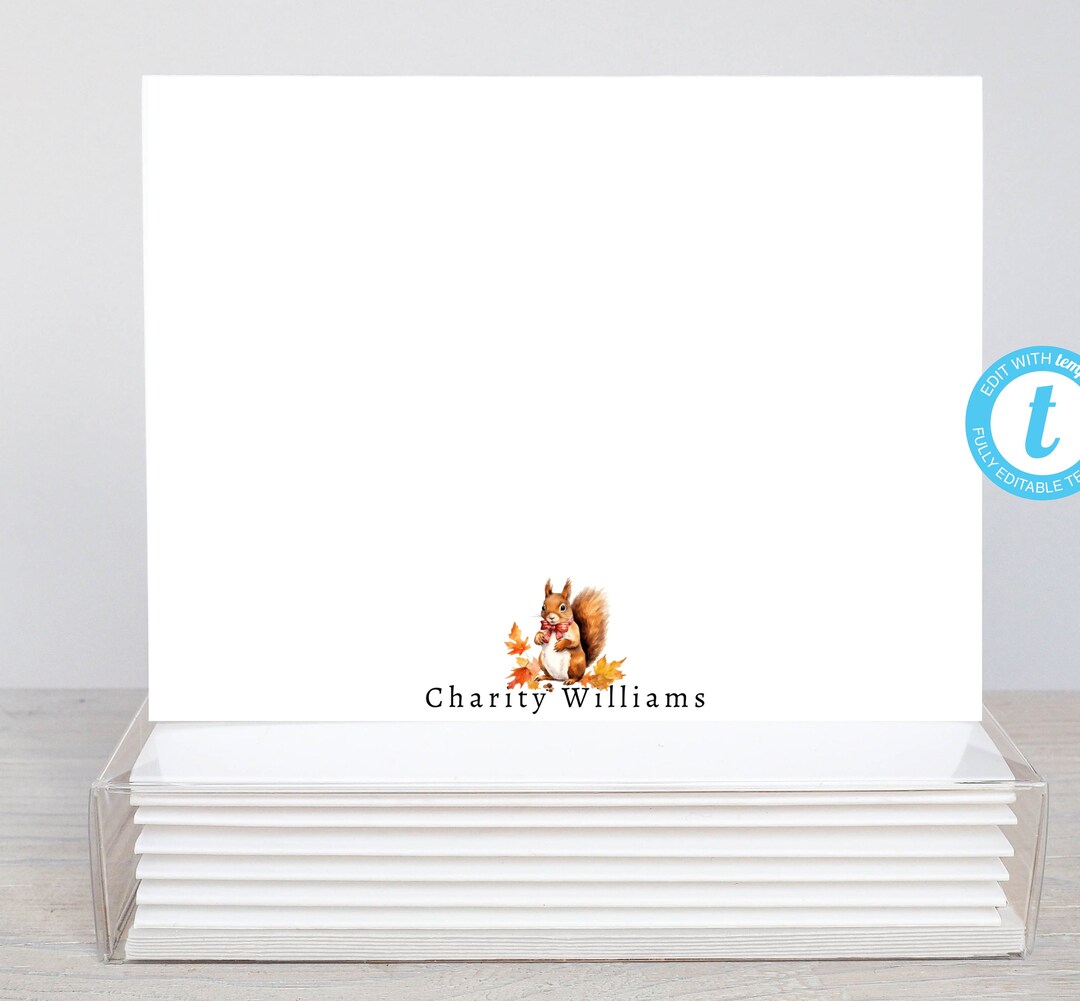 Fall Squirrel Personalized Printable Editable Flat Single Sided Note ...