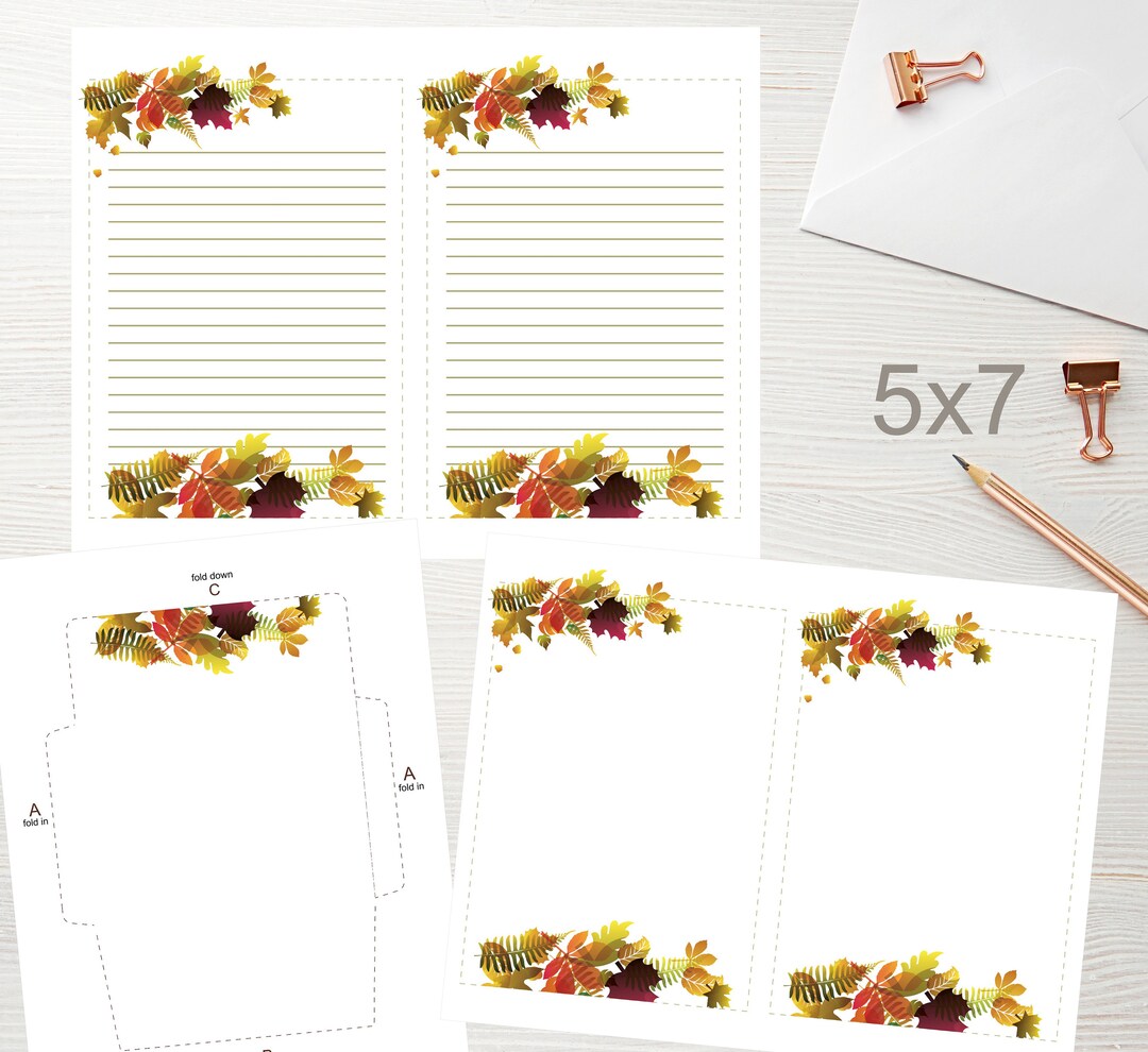5x7 Autumn Leaves Printable Writing Paper & Envelope Stationery Set ...