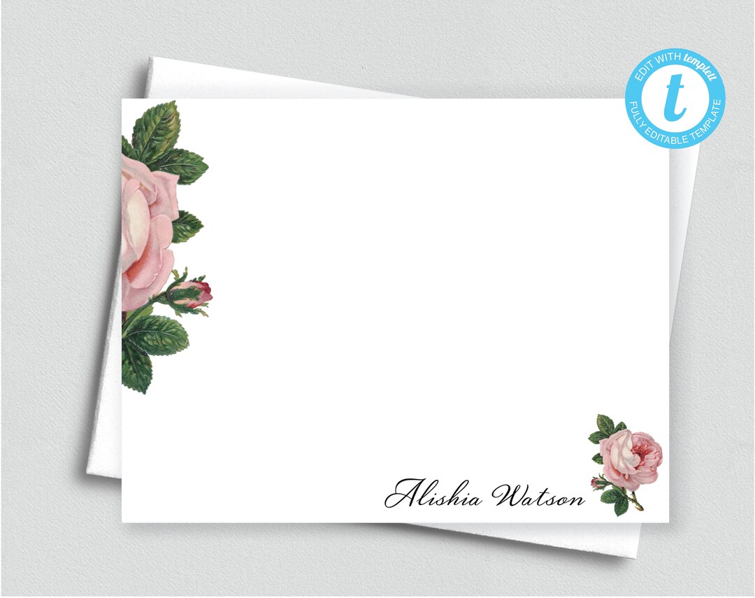 Pink Rose Personalized Printable Editable Flat Single Sided Note Card/5 ...