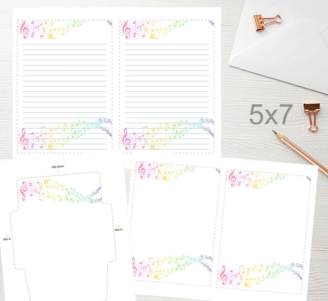 5x7 Music Notes Printable Writing Paper & Envelope Stationery Set 1563 ...