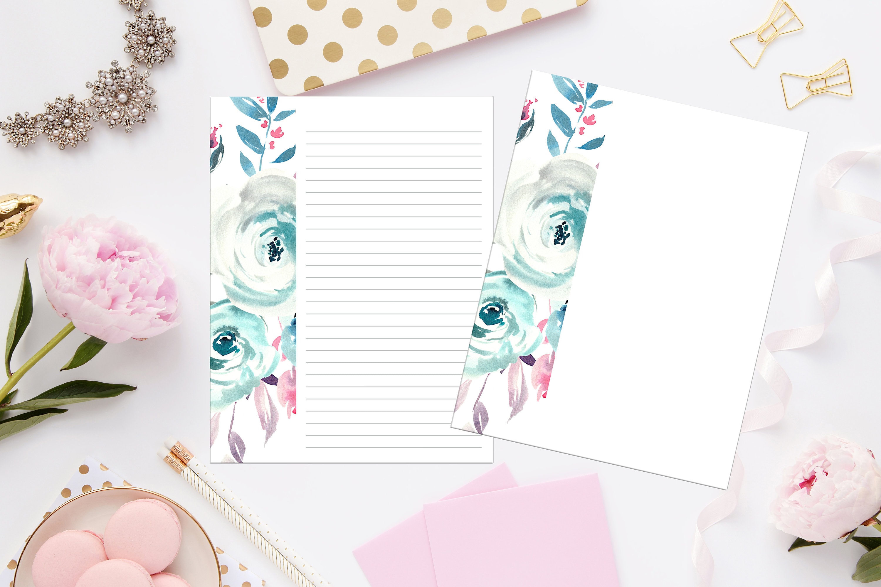 Blue Floral Printable Stationery With Envelope 8.5x11 - Etsy