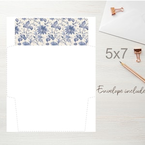 5x7 Blue Toile Printable Flat Note Card & Tent Card With Envelope 1316 ...
