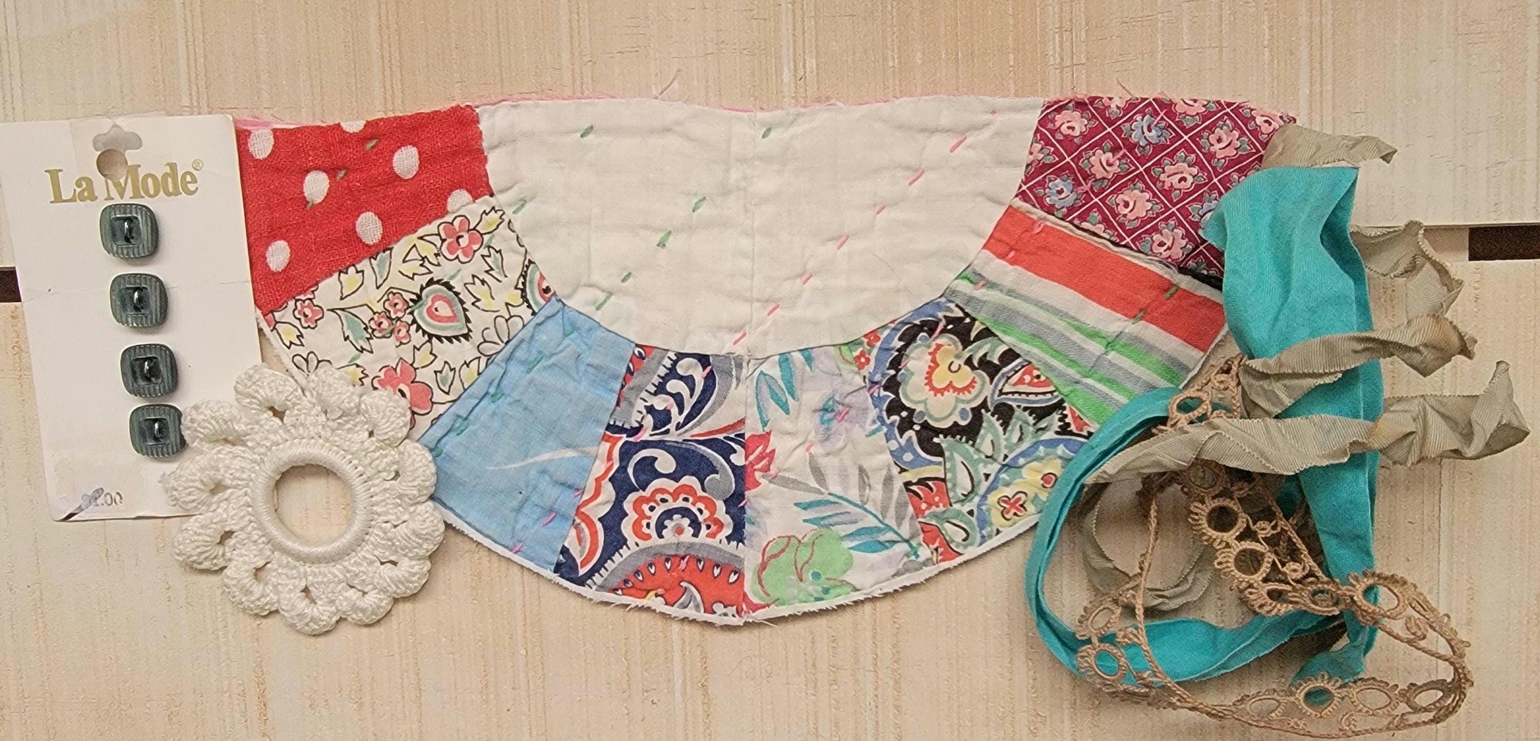 One Each - Vintage Quilt Pieces , Crocheted Metal Ring, Crinkle Ribbons ...
