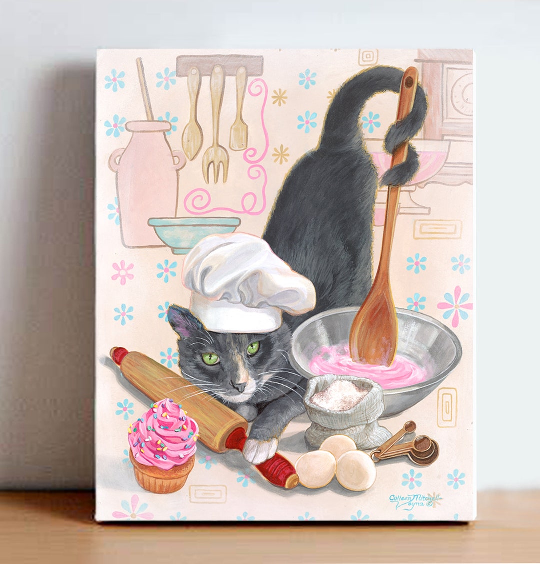 Cat Kitchen Art Print, Grey Cat Kitchen Print, Cat Cooking, Cat Baking ...