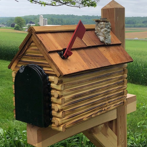 Log Cabin Mailbox With Cedar Shake Roof and Stone Chimney | Etsy