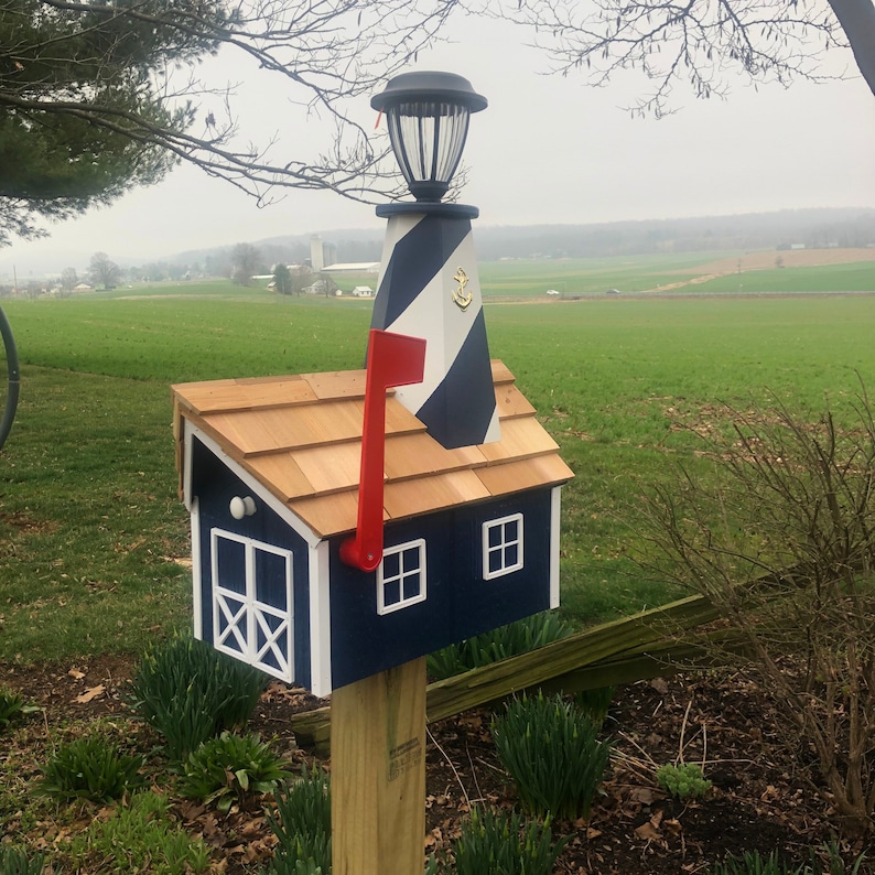 Wooden Country Mailbox With Solar Lighthouse Unique Rustic | Etsy
