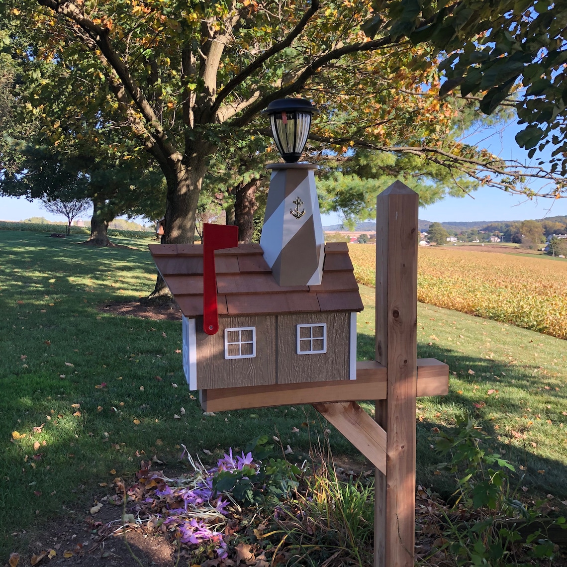 Wooden Mailbox With Solar Lighthouse | Amish Made Wooden Mailbox ...