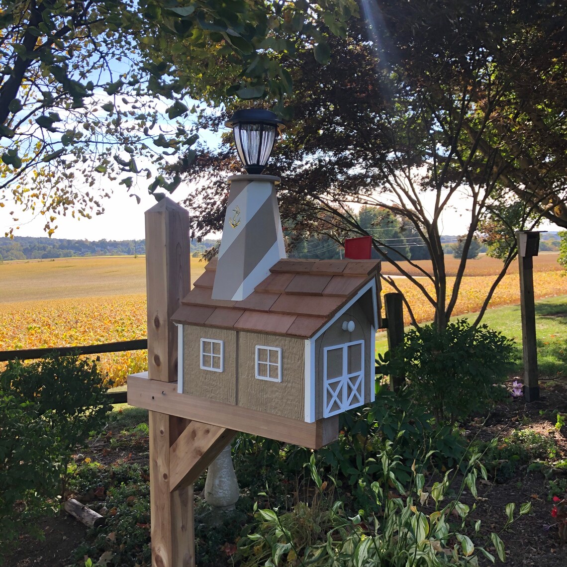 Wooden Mailbox With Solar Lighthouse | Amish Made Wooden Mailbox ...