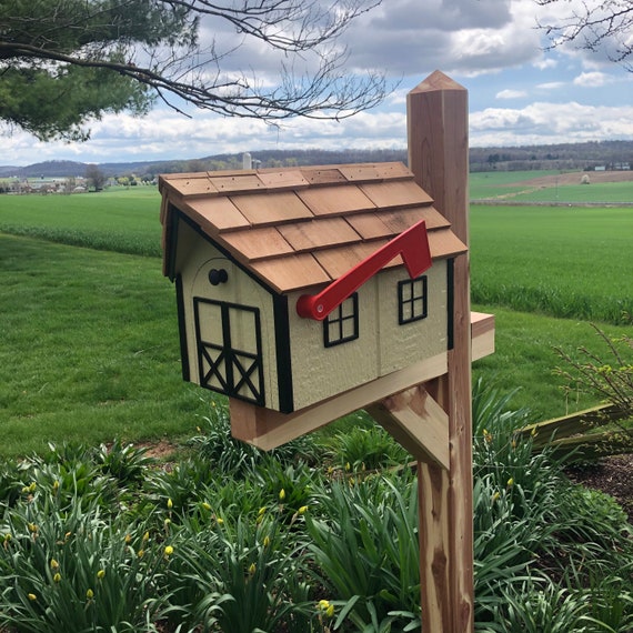 Wooden Barn Mailbox Cedar Roof Amish Made Unique Rustic | Etsy