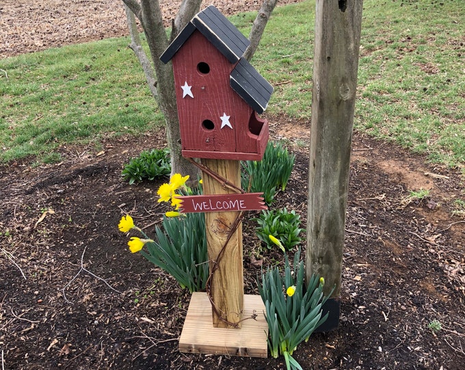 Birdhouse Welcome Sign | Red Birdhouse | Garden Decor From Reclaimed ...