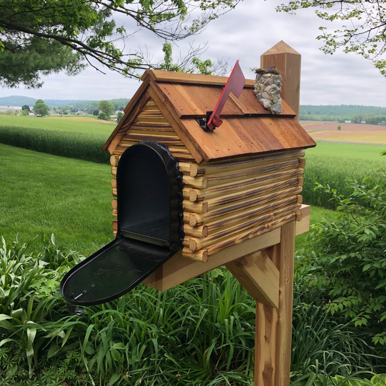 Log Cabin Mailbox With Cedar Shake Roof and Stone Chimney | Metal Box ...