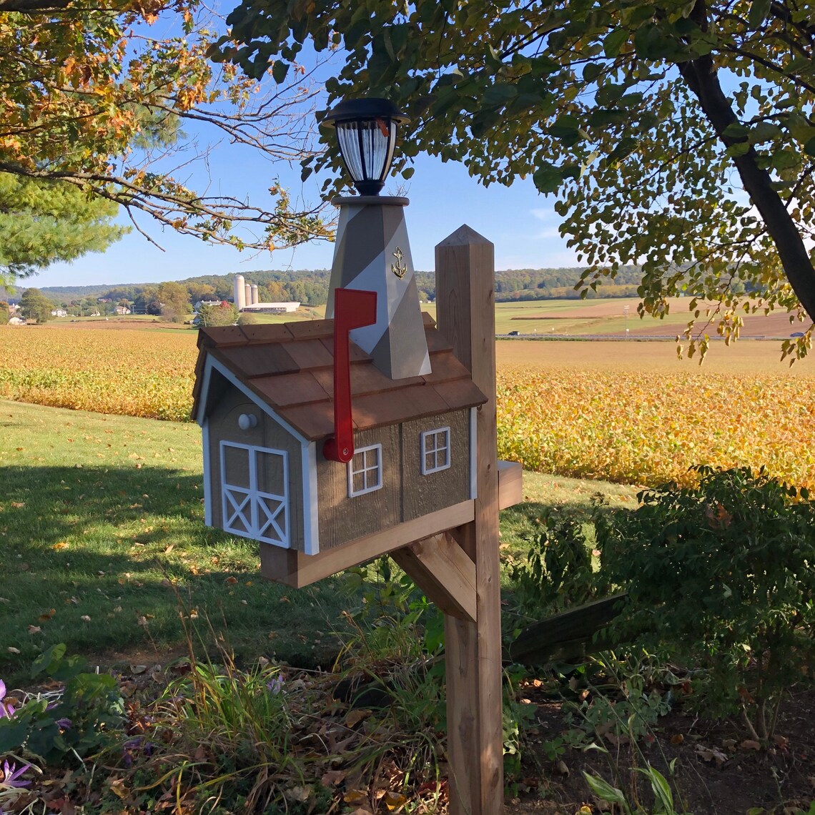 Wooden Mailbox With Solar Lighthouse | Amish Made Wooden Mailbox ...
