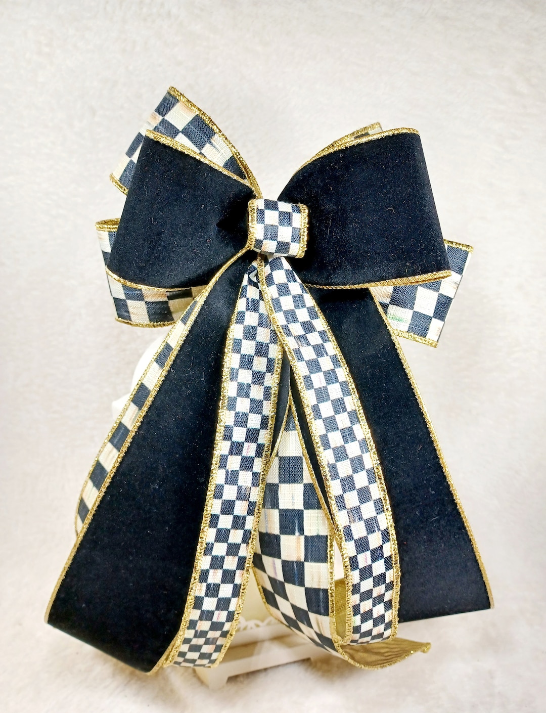 Hand-tied Black Velvet and Courtly Check Lolli-bow - Etsy