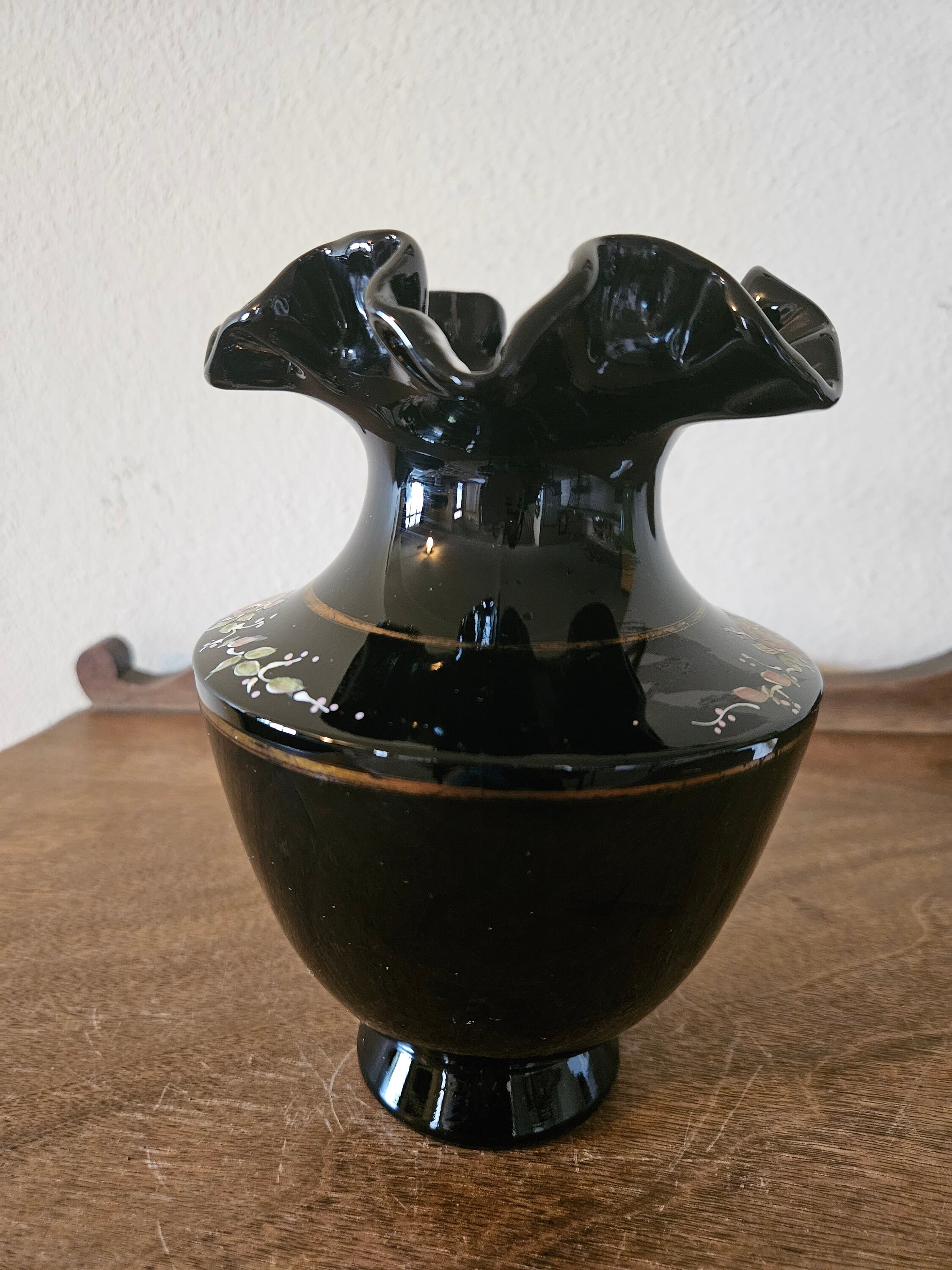 Vintage Fenton Black Glass Vase With Hand Painted Copper Rose Design - Etsy