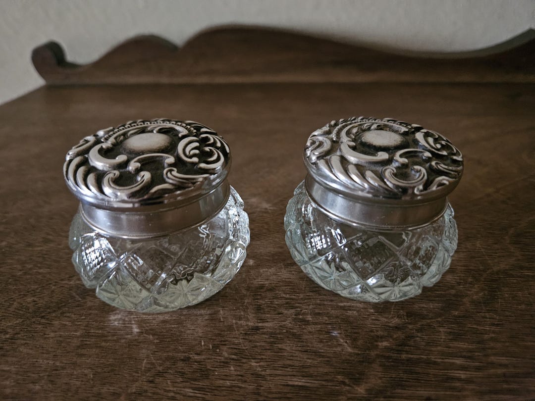 Vintage Pressed Glass Avon Containers, Jars With Ornate Silver-toned ...