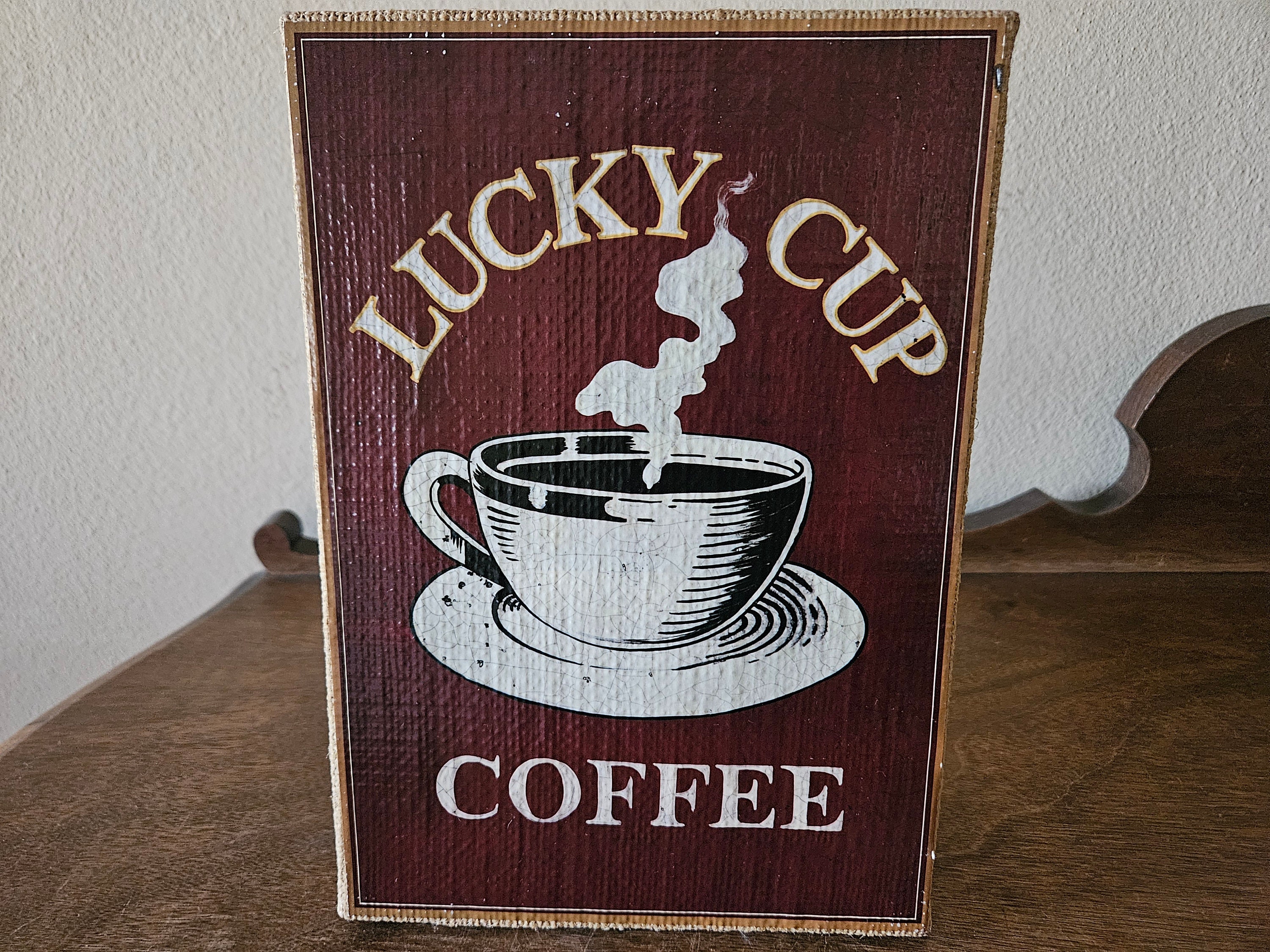 Vintage Small Lucky Cup Coffee Wall Sign on Burlap Backing - Etsy