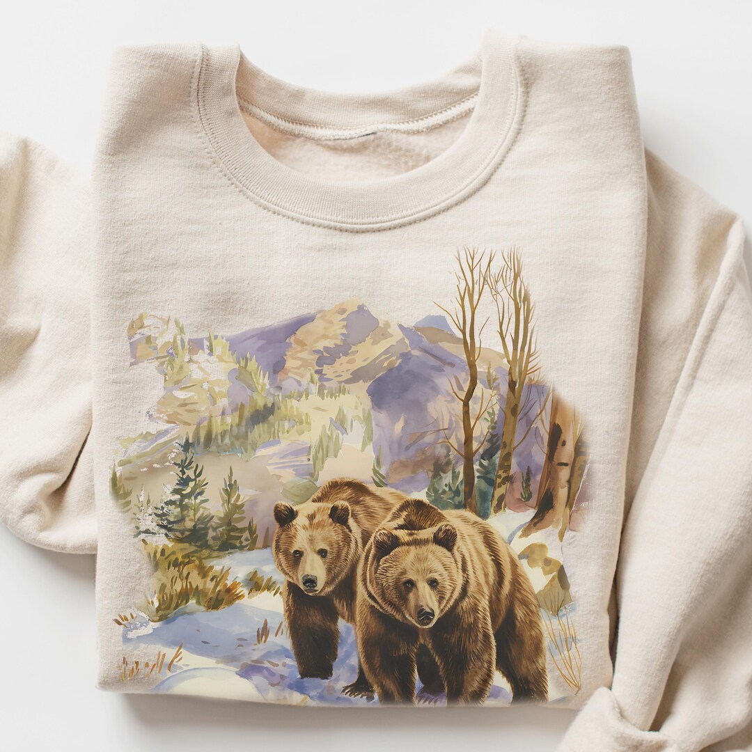 Retro Grizzly Bear Sweatshirt, Winter Wilderness Animal Sweatshirt ...