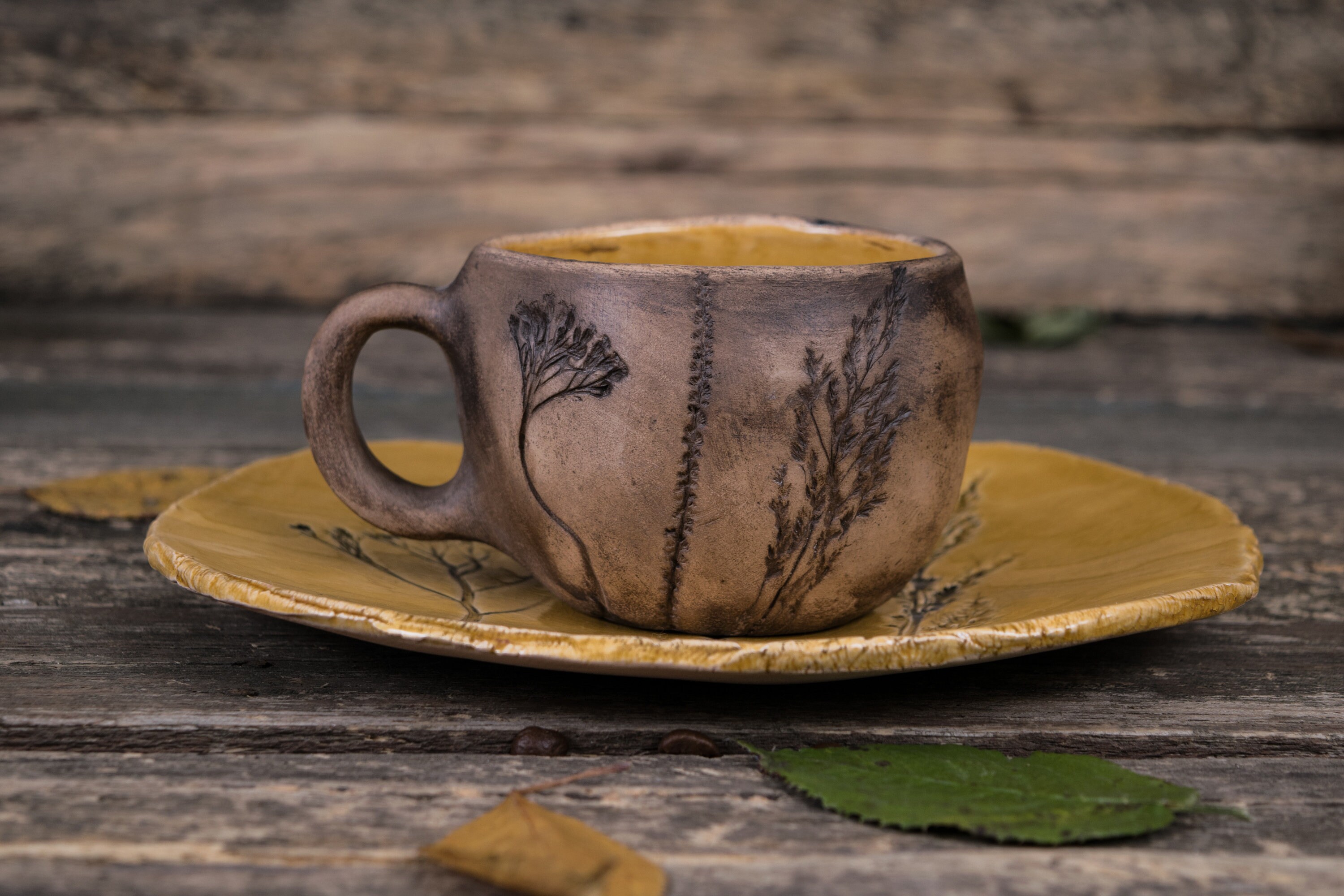 Set of Handmade Pottery Dishes With Plant Impressions | Etsy
