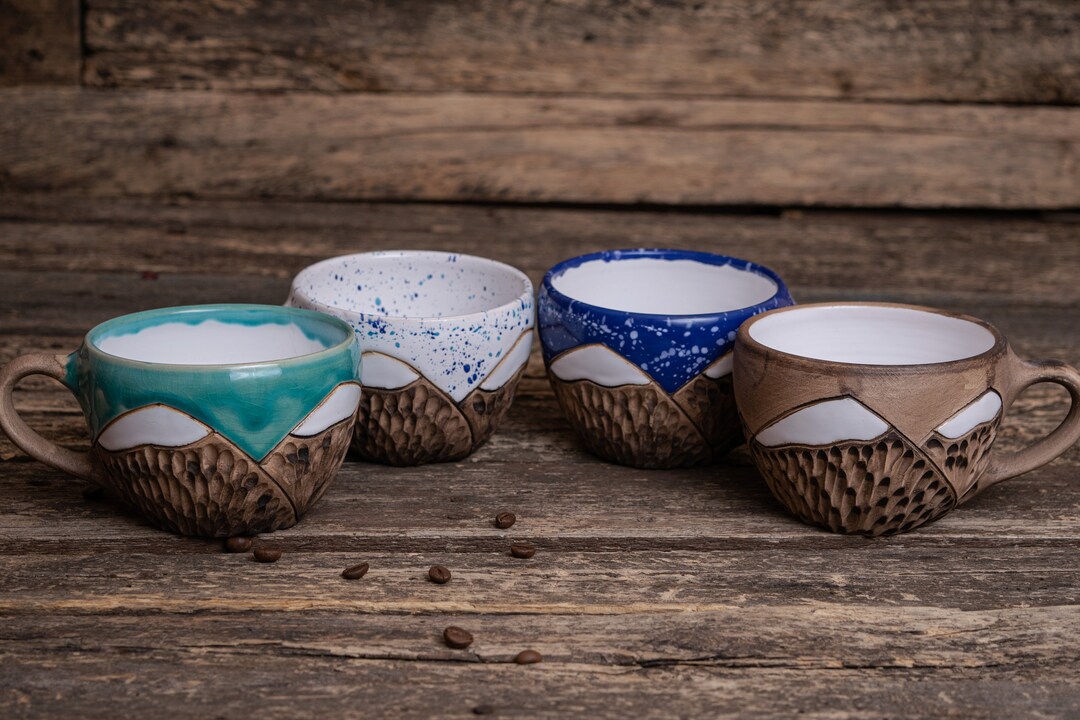 Ceramic 4 Mugs Set | Family Tea Set, Clay Mountain Mugs, Ceramic Coffee ...