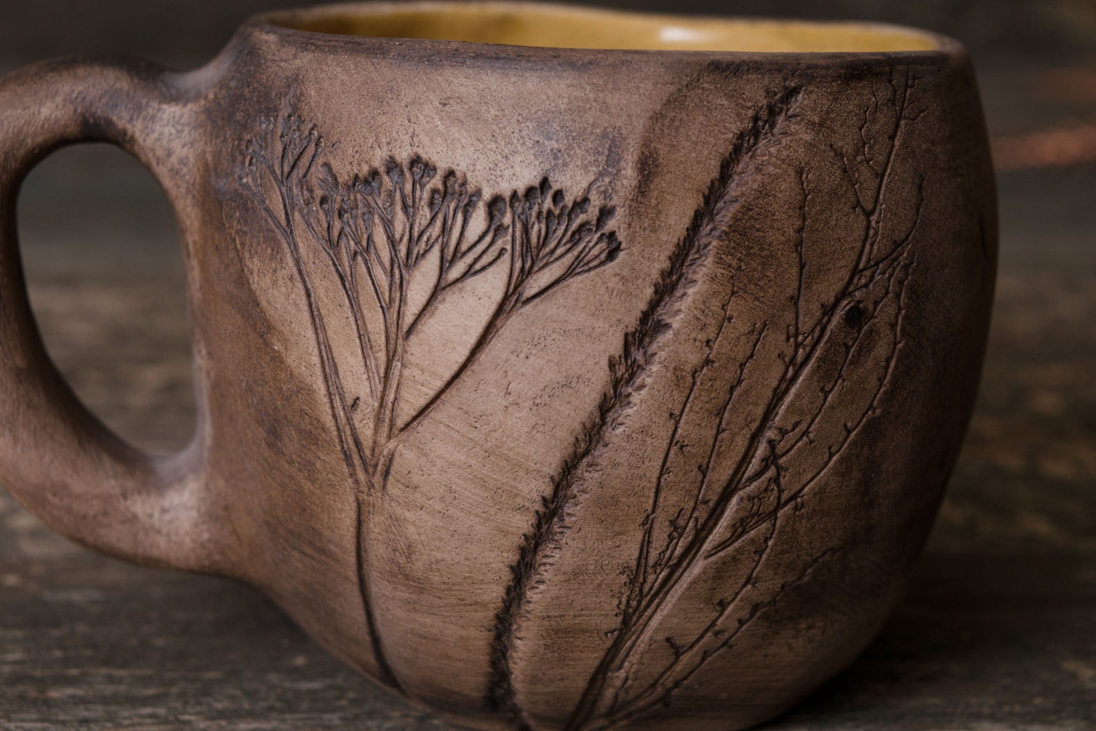 Set of two pottery mugs with leaf impressions Set of | Etsy