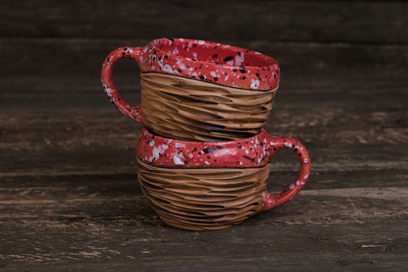 Set of Two Red Glazed Ceramic Mugs Unique Pottery Mug - Etsy