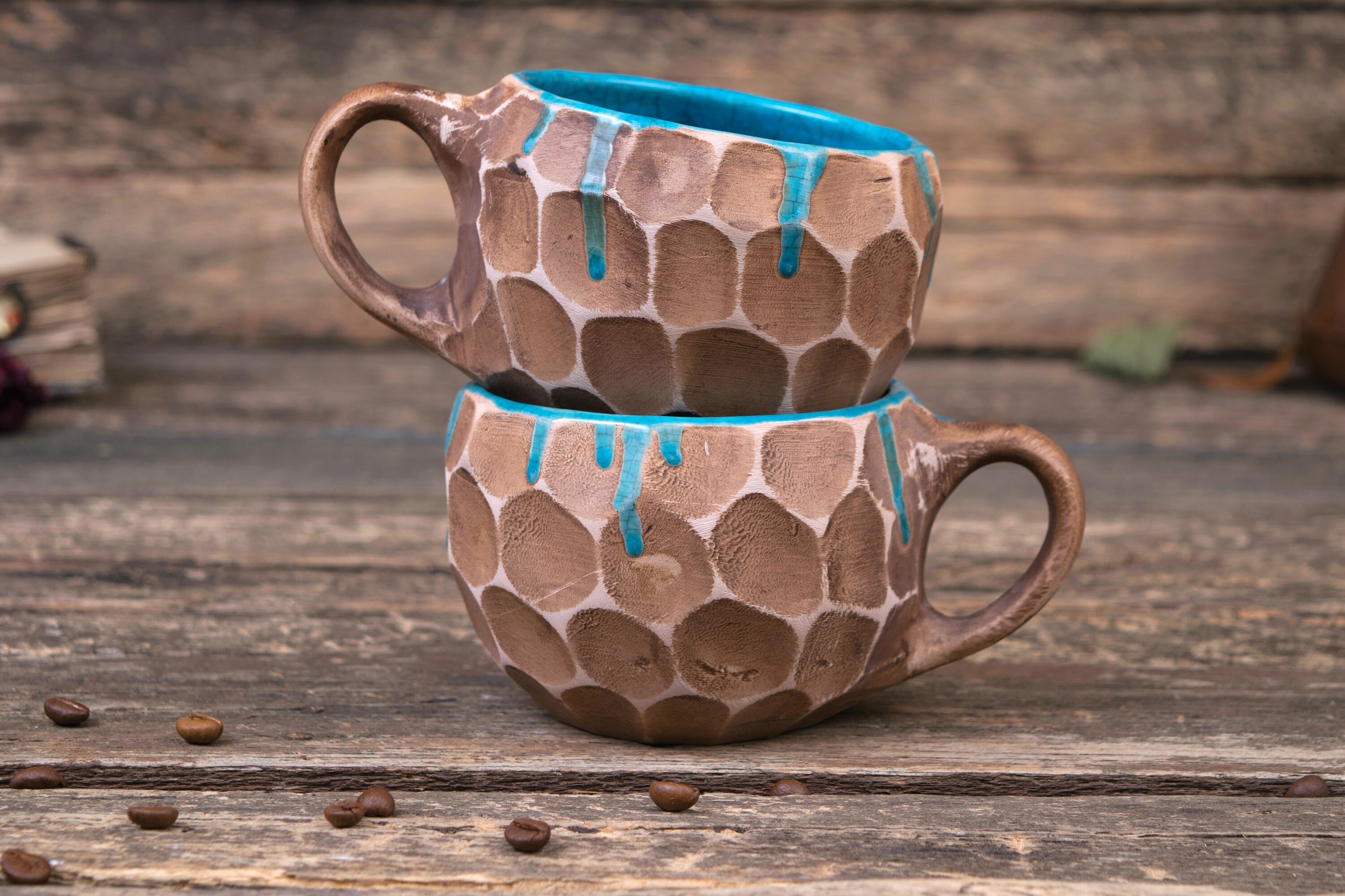 Set of two handmade pottery mugs with blue drips Ceramic | Etsy