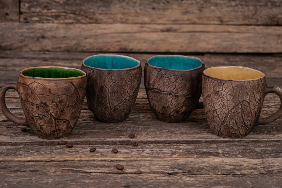 Handmade Ceramic Plant Mugs || 4 Pottery Mugs Set, Plant Imprint Mug ...