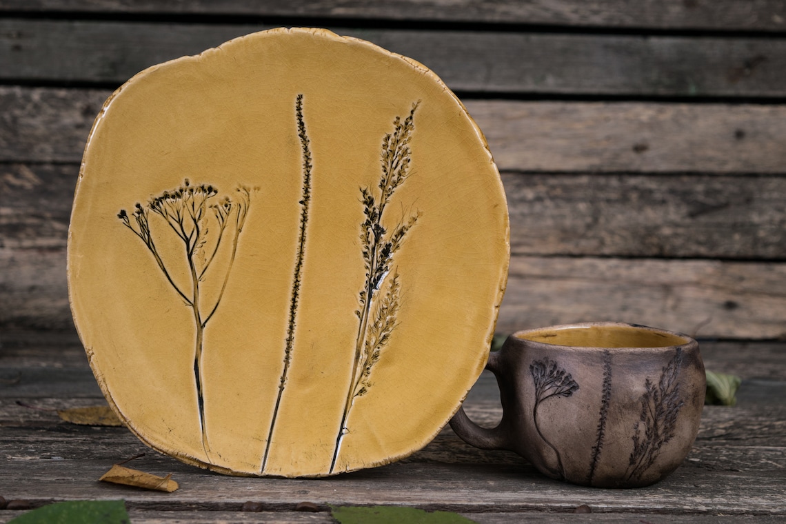 Set of Handmade Pottery Dishes With Plant Impressions | Etsy