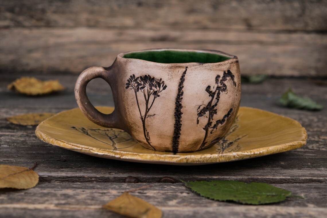 Unique Handmade Floral Pottery Set || Nature Ceramic Dishes, Plant ...