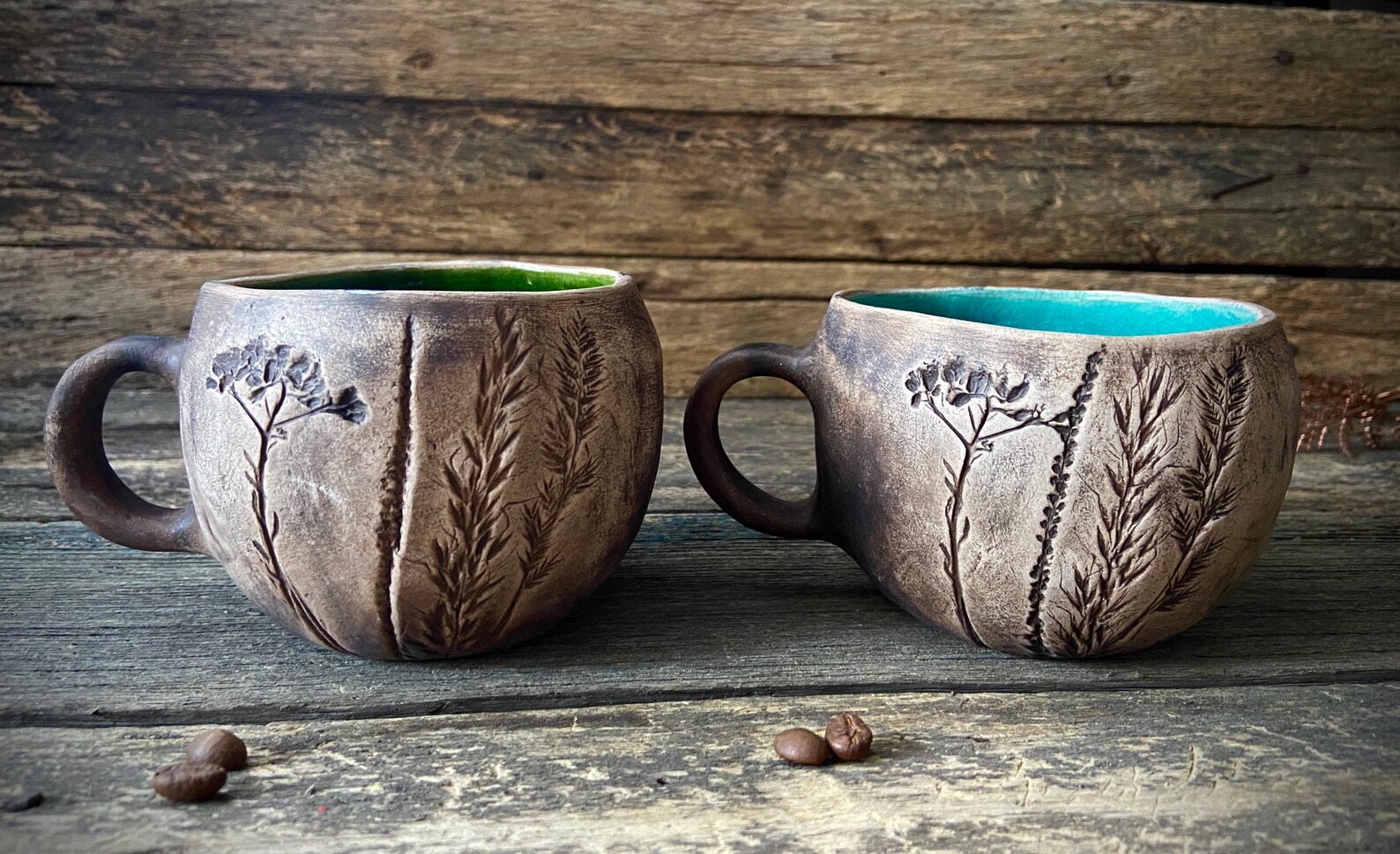 Set of Two Pottery Handmade Mugs || Ceramic Botanical Mugs, Clay Coffee ...
