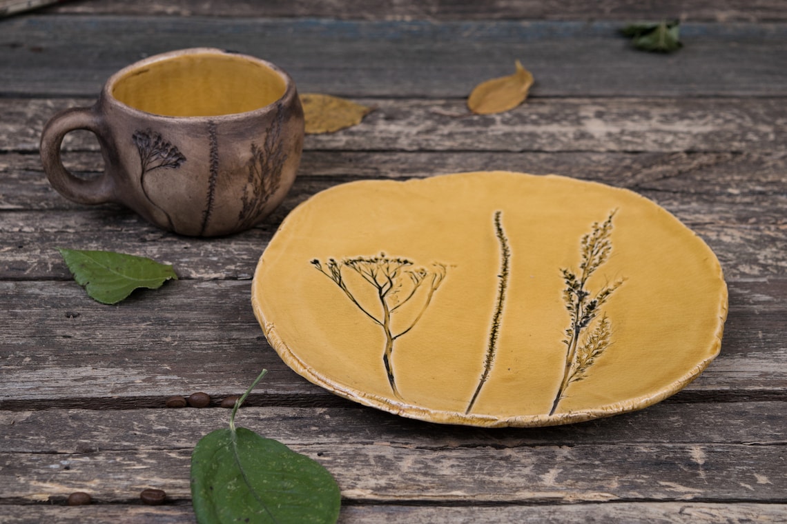 Set of Handmade Pottery Dishes With Plant Impressions | Etsy
