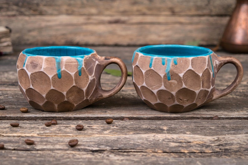 Set of Two Handmade Pottery Mugs With Blue Drips || Ceramic Mugs ...
