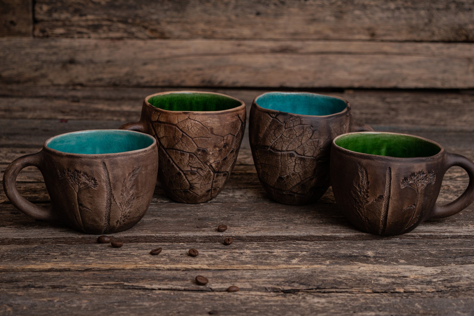 Handmade Ceramic Mugs Set || 4 Unique Pottery Coffee Mugs, Botanical ...